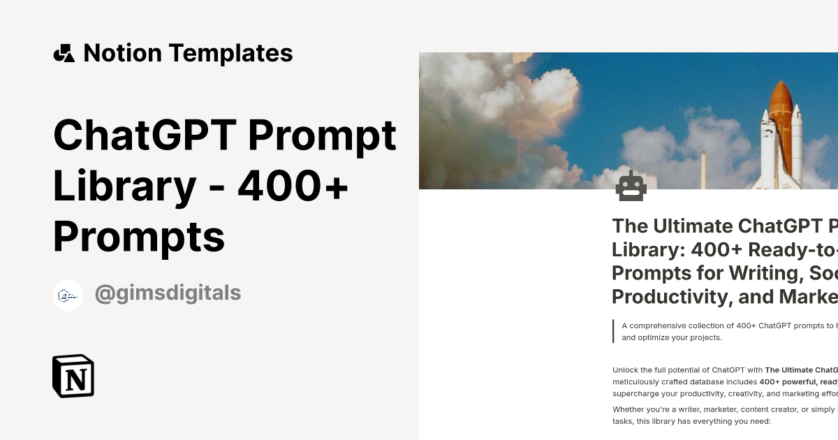 ChatGPT Prompt Library - 400+ Prompts Template | Notion Marketplace