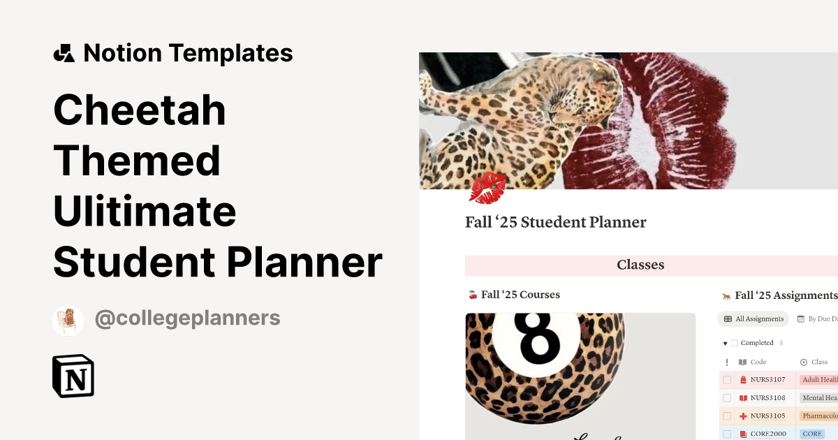 Cheetah Themed Ulitimate Student Planner Template | Notion Marketplace