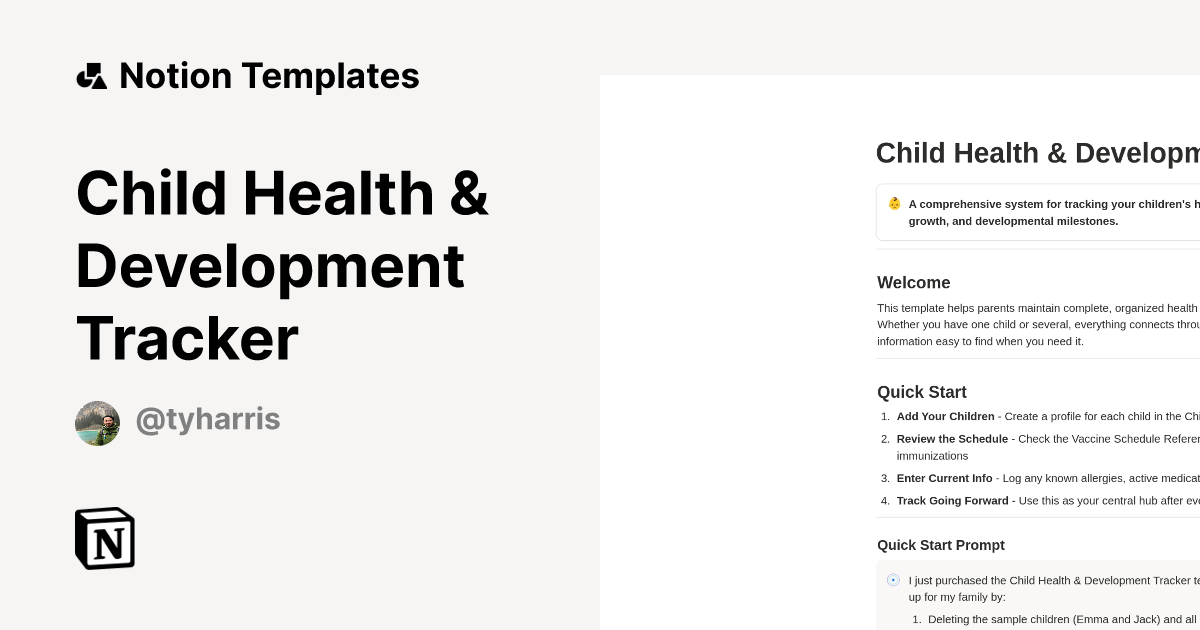 Child Health & Development Tracker Template by Tyler Harris | Notion ...