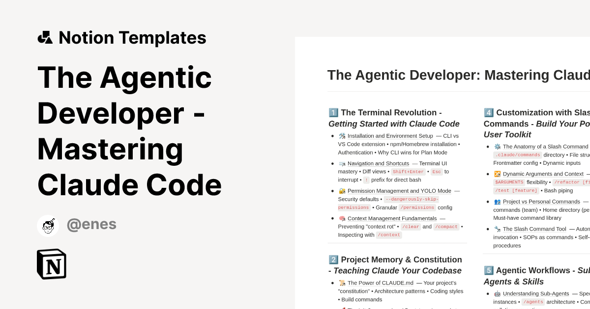 The Agentic Developer - Mastering Claude Code Template | Notion Marketplace