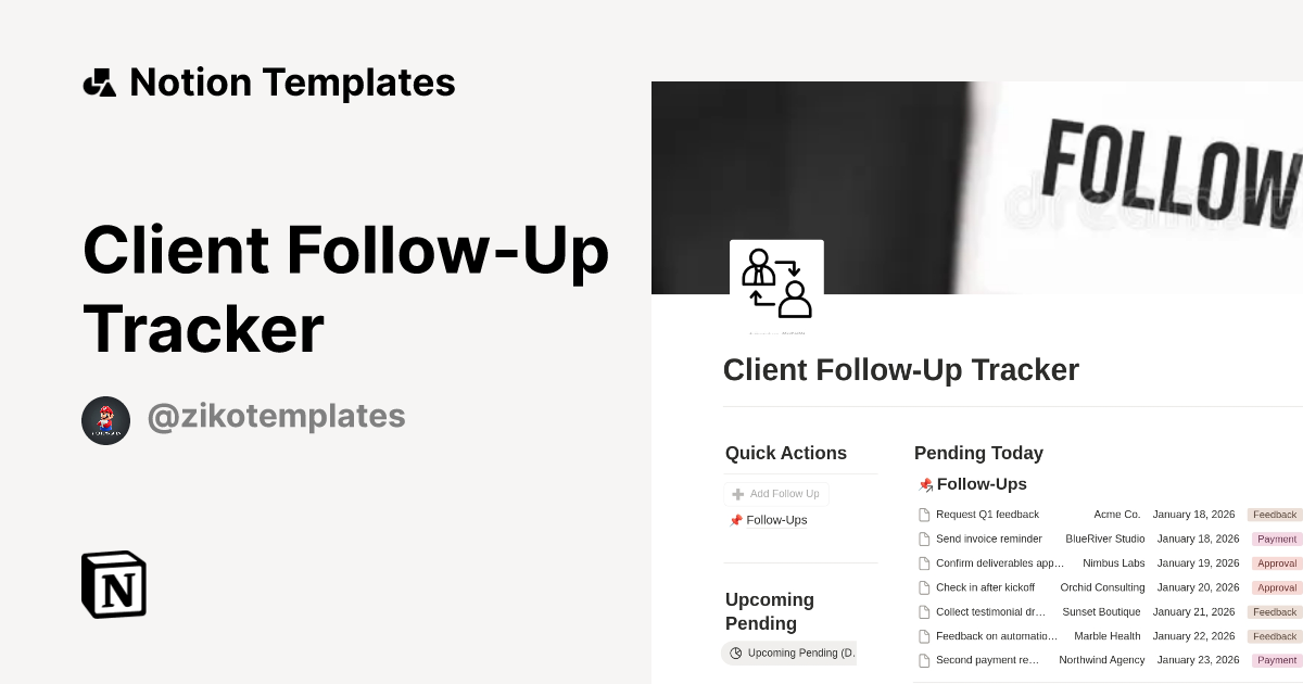 Client Follow-Up Tracker Template by ZikoTemplates | Notion Marketplace