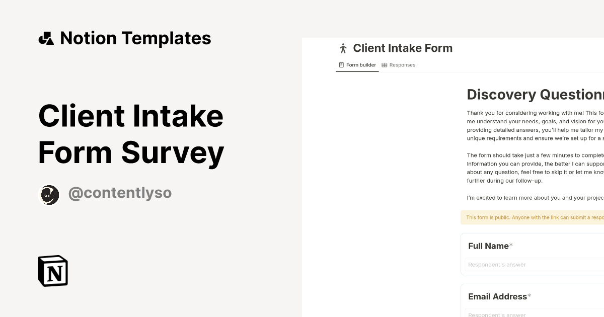 Client Intake Form Survey Template by Contently so. | Business Content Organisation | Notion ...