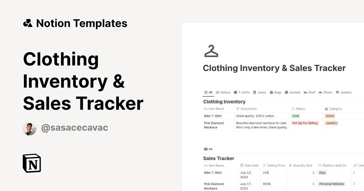 Clothing Inventory & Sales Tracker Template | Notion Marketplace