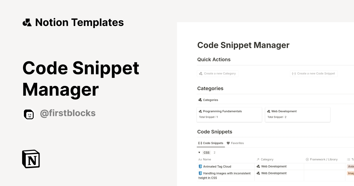 Code Snippet Manager Template by First Blocks | Notion Marketplace