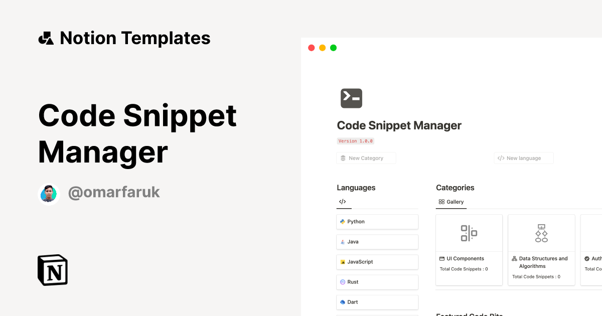 Code Snippet Manager Template by Omar Faruk | Notion Marketplace