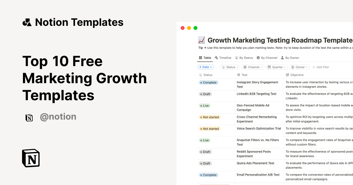 Top 10 Free Marketing Growth Templates | Notion Template Marketplace