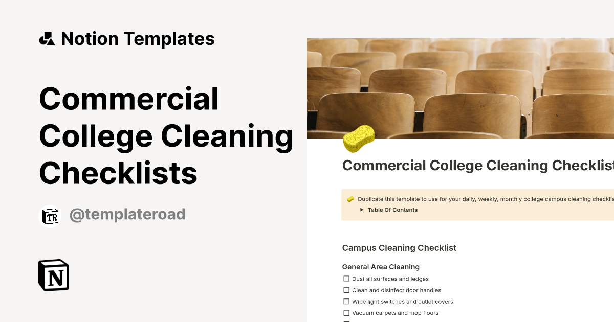 Commercial College Cleaning Checklists Template | Notion Marketplace