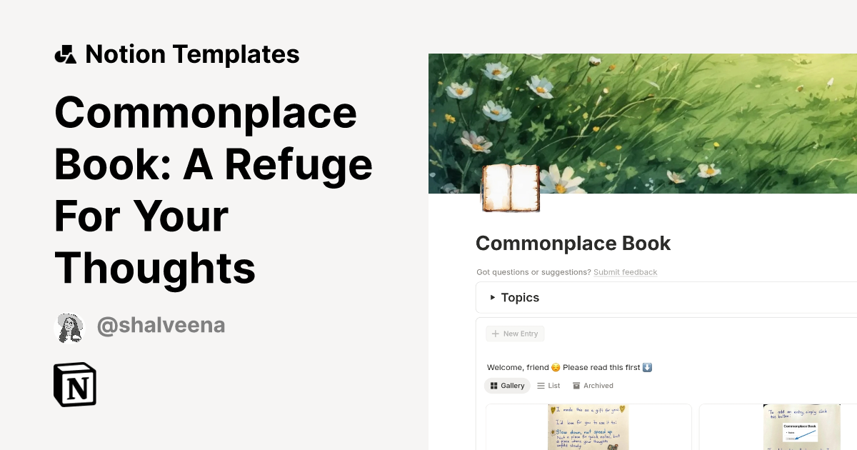 Commonplace Book: A Refuge For Your Thoughts Template by Shalveena | Notion Marketplace