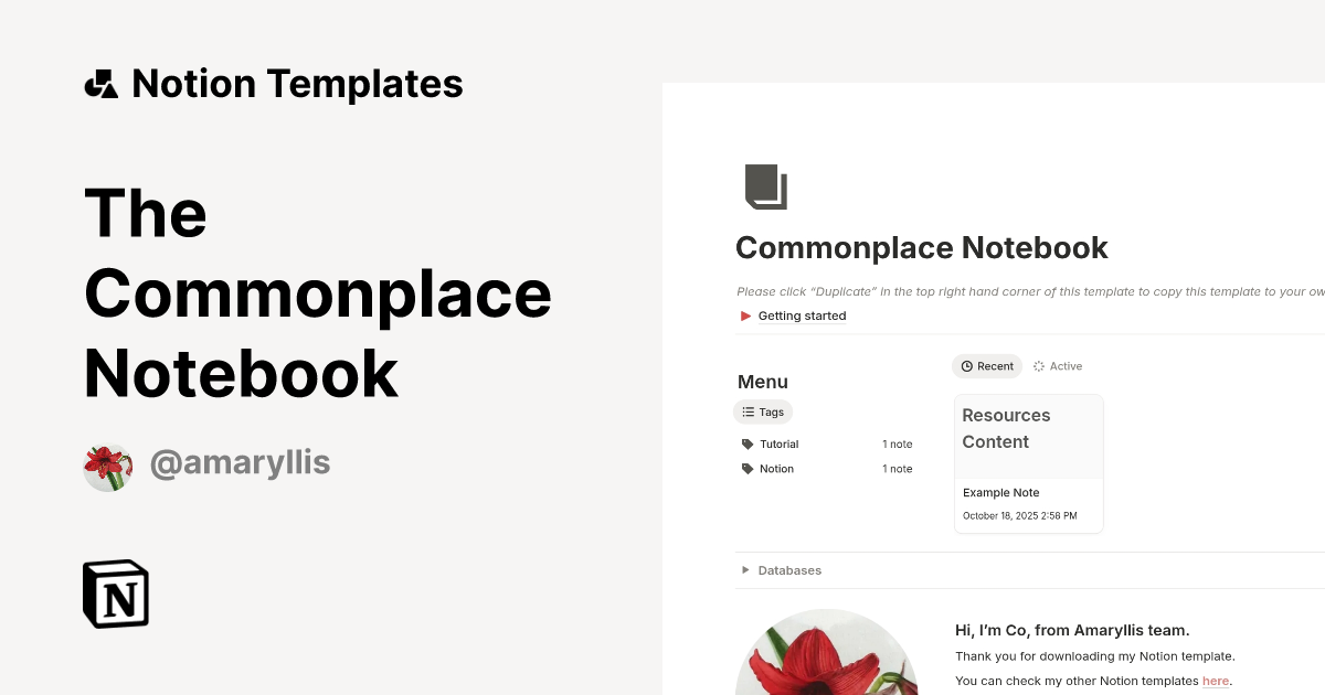 The Commonplace Notebook Template by Amaryllis | Notion Marketplace