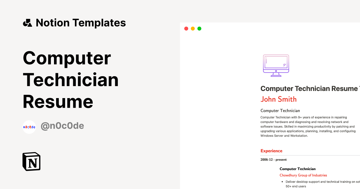 Computer Technician Resume Template | Notion Marketplace