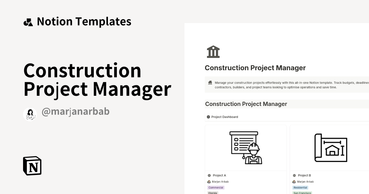Construction Project Manager Template by Marjan Arbab | Notion Marketplace