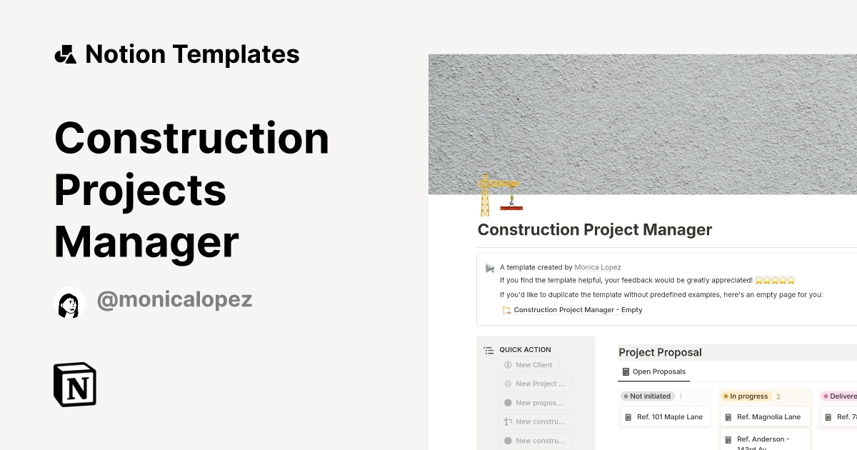 Construction Projects Manager Template by Monica Lopez | Notion Marketplace