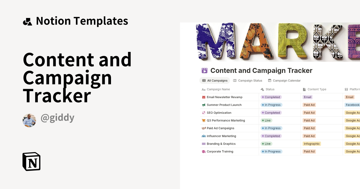 Content and Campaign Tracker Template by Giddy | Notion Marketplace