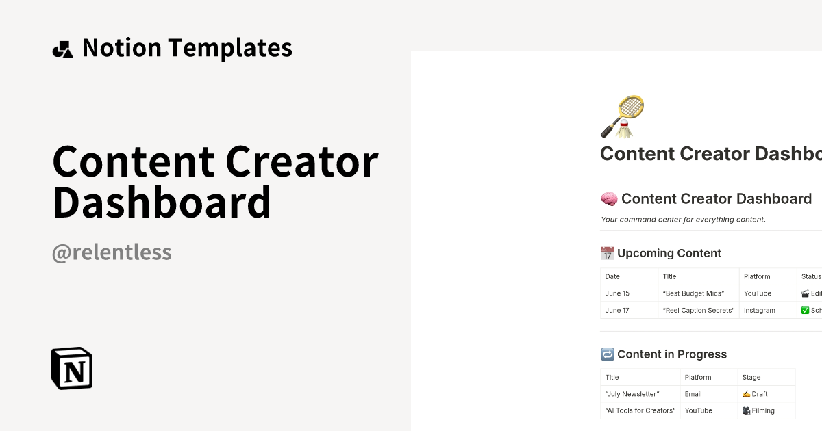 Content Creator Dashboard Template | Notion Marketplace