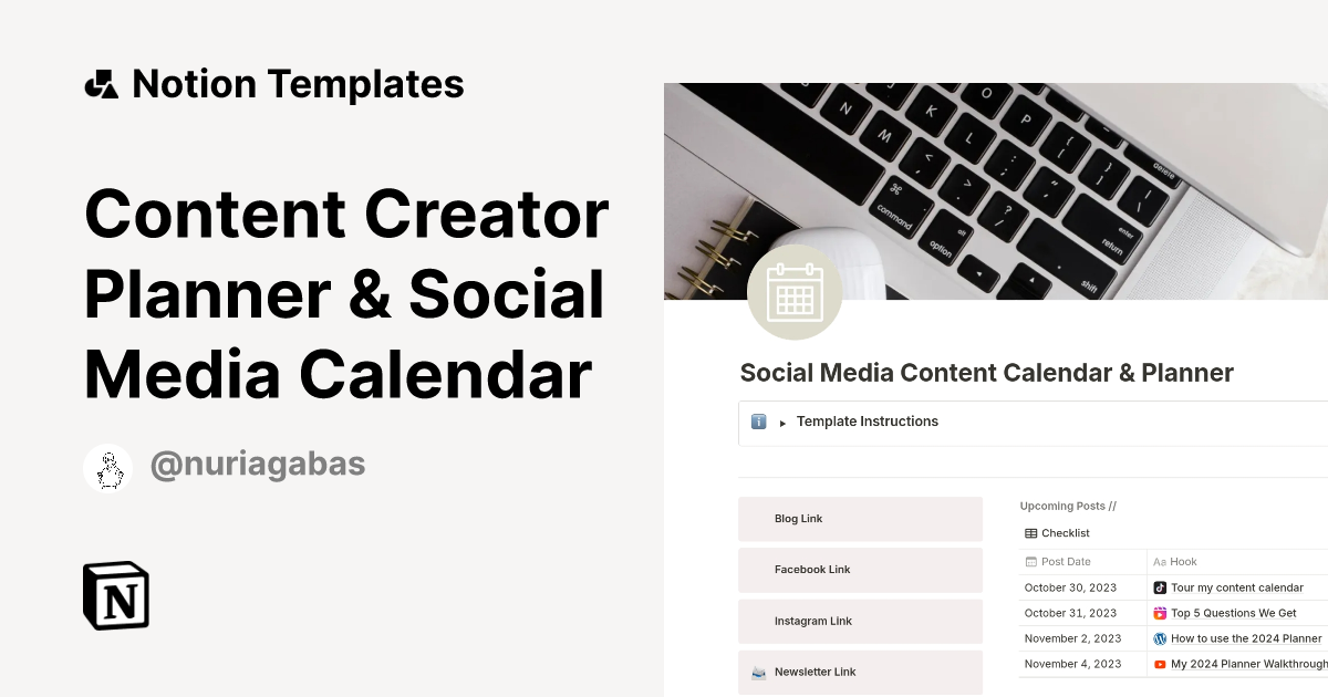 Content Creator Planner & Social Media Calendar Template by Núria Gabàs ...