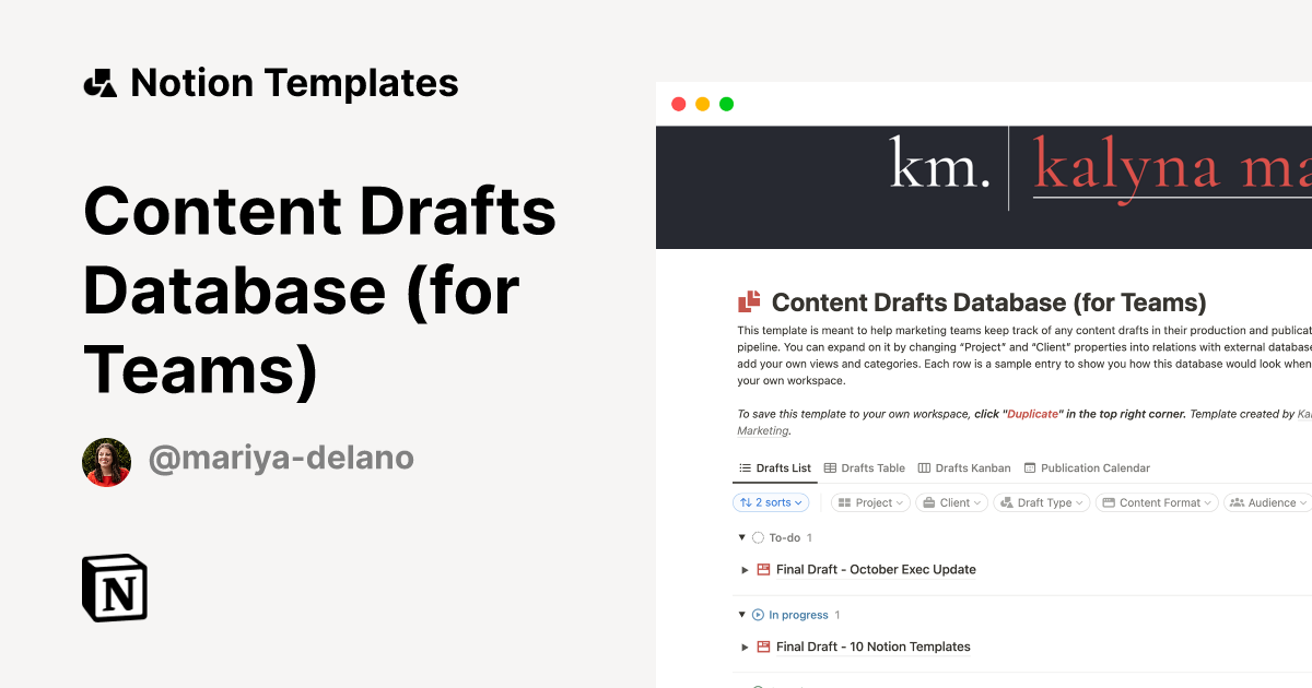 Content Drafts Database (for Teams) Template by Mariya Delano | Notion ...
