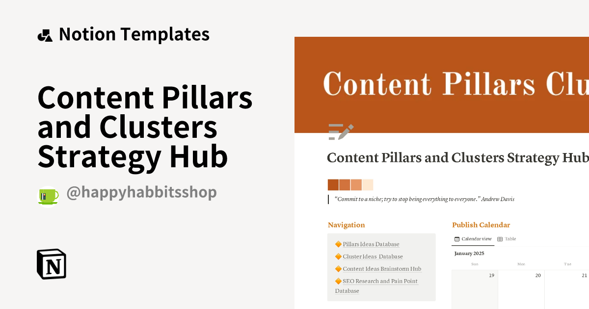 Content Pillars and Clusters Strategy Hub Template by Happy Habbits | Notion Marketplace