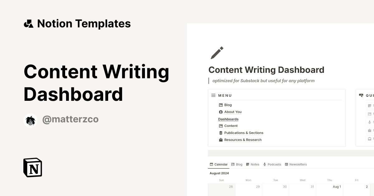 Content Writing Dashboard Template by Matterz Co. | Notion Marketplace