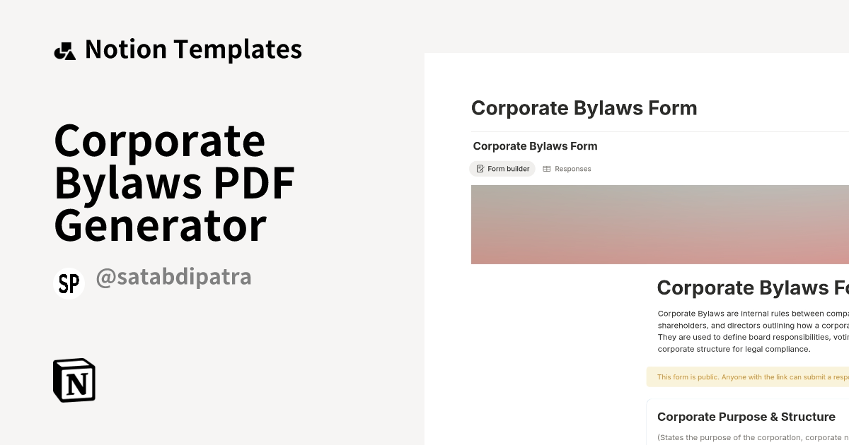 Corporate Bylaws PDF Generator Template by Satabdi Patra | Notion ...