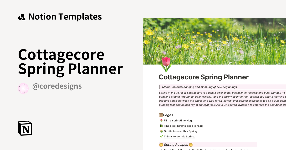 Cottagecore Spring Planner Template by CORE DESIGNS | Notion Marketplace