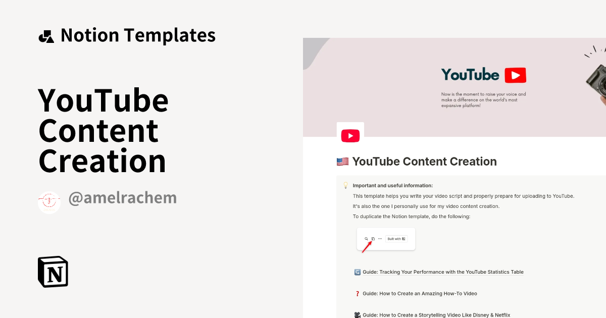 YouTube Content Creation Template by Amel Rachem | Notion Marketplace