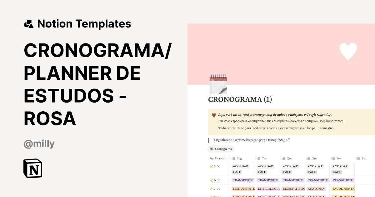 CRONOGRAMA/PLANNER DE ESTUDOS - ROSA Template | Notion Marketplace