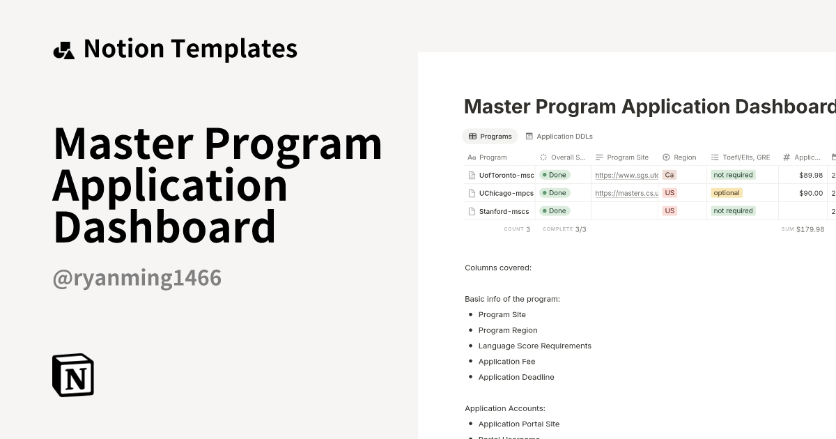 Master Program Application Dashboard Template | Notion Marketplace