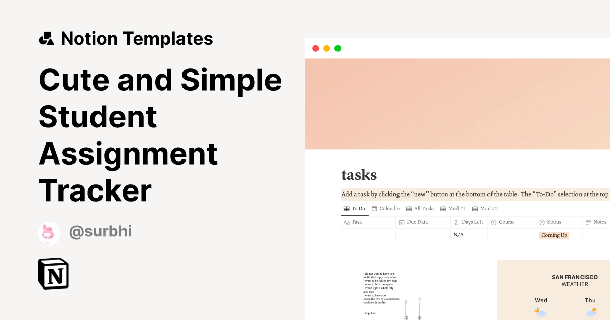 Cute and Simple Student Assignment Tracker Template by surbhi | Notion ...