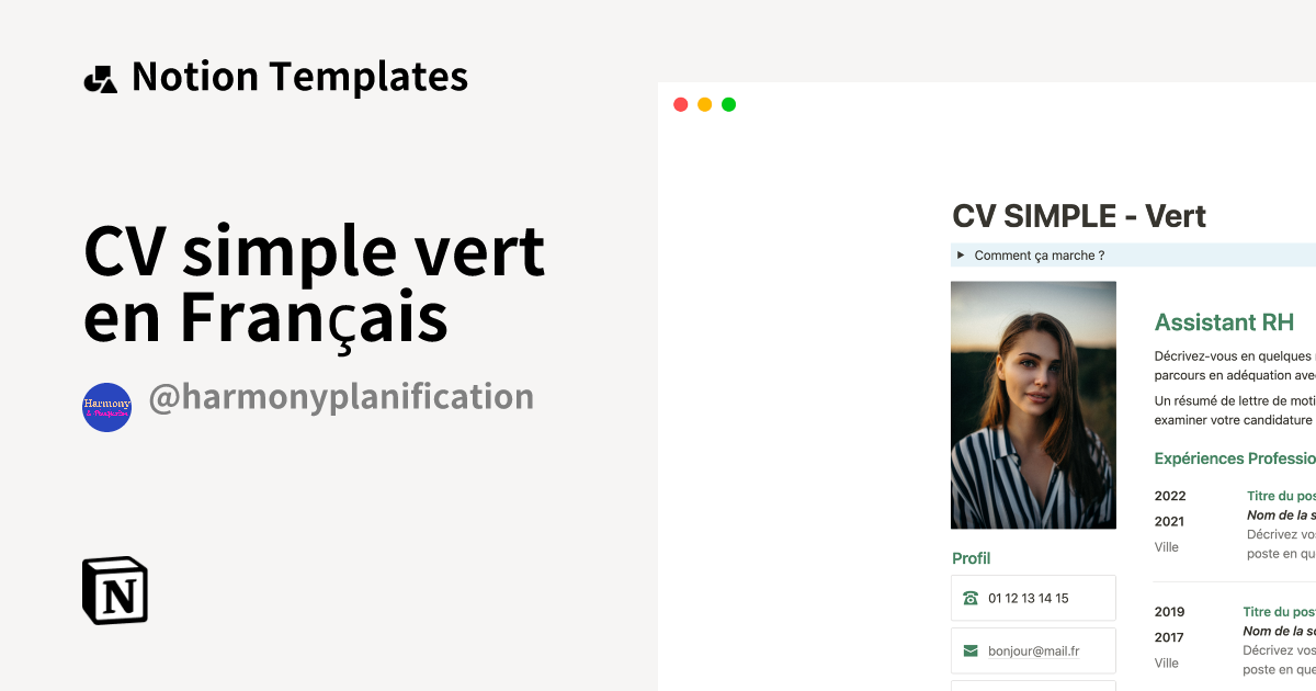 CV simple vert en Français Template | Notion Marketplace