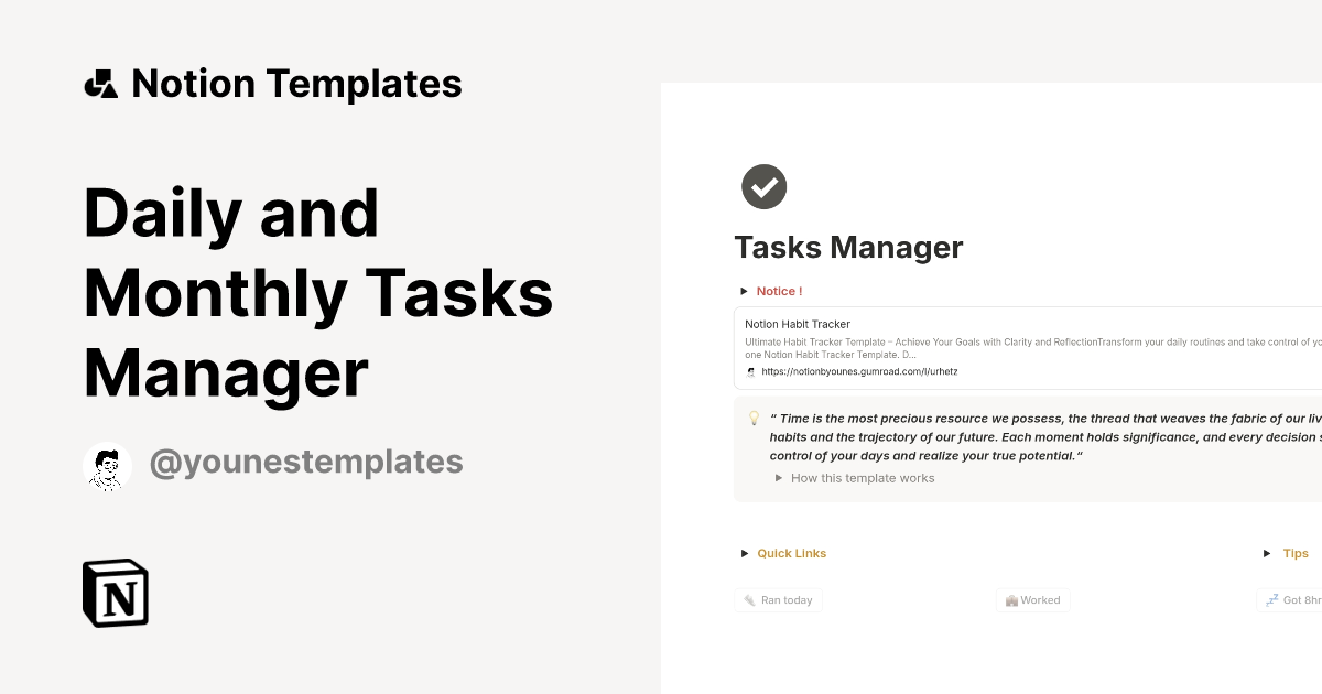 Daily and Monthly Tasks Manager Template by Younes | Notion Marketplace