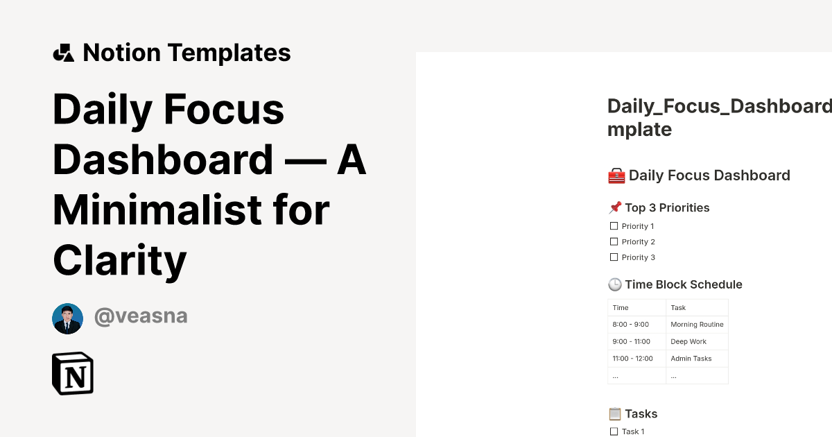 Daily Focus Dashboard — A Minimalist for Clarity Template | Notion ...