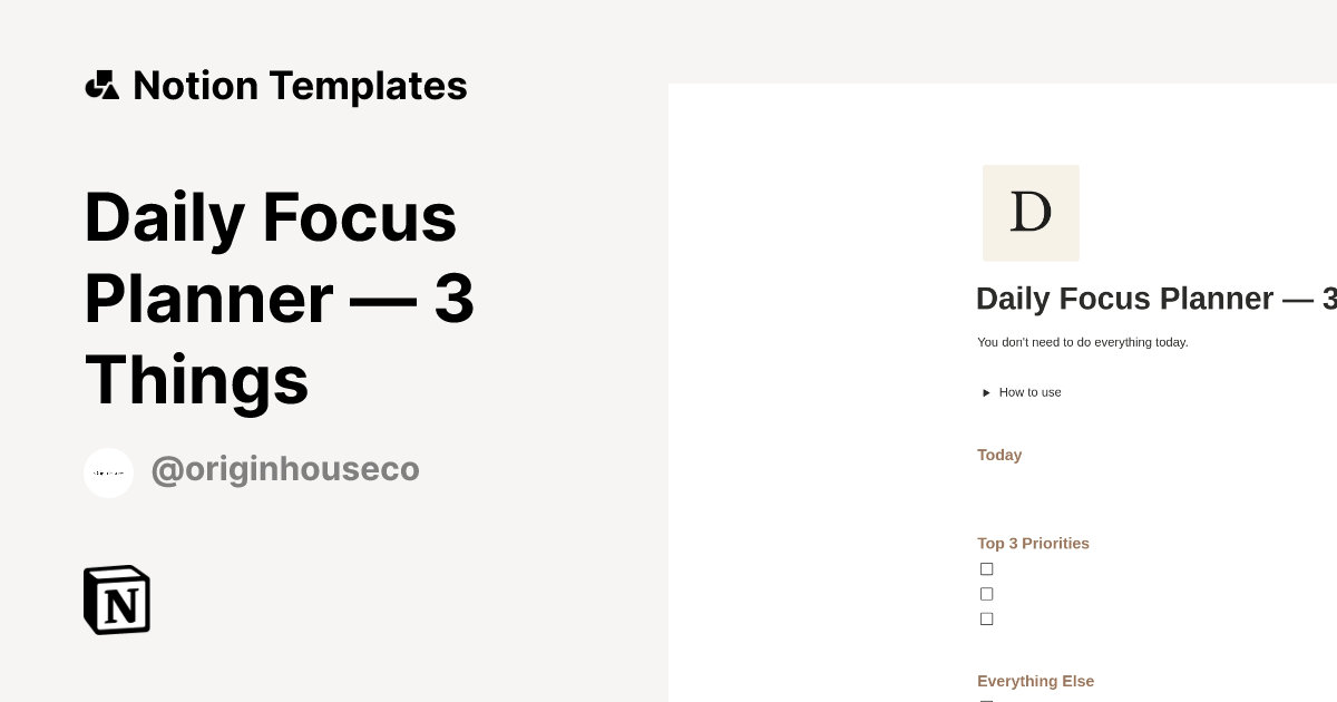 Daily Focus Planner — 3 Things Template by Origin House | Notion ...