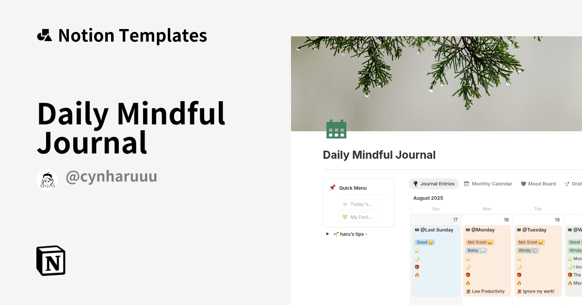 Daily Mindful Journal Template by haru-chan | Notion Marketplace