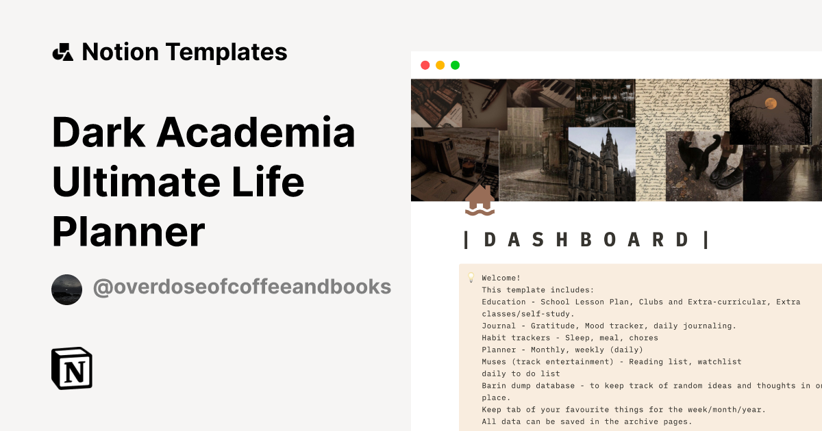 Dark Academia Ultimate Life Planner Template by Fathima Zahra | Notion ...