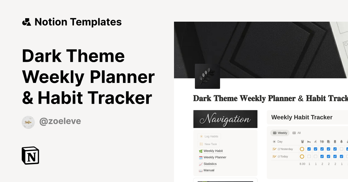 Dark Theme Weekly Planner & Habit Tracker Template by Zoe | Notion ...