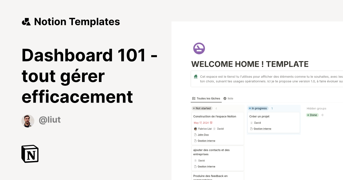 Dashboard 101 - tout gérer efficacement Template | Notion Marketplace