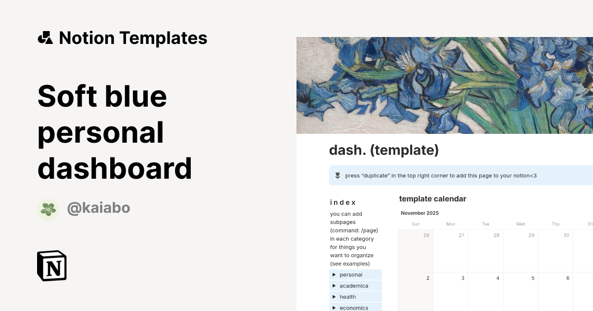 soft blue personal dashboard Template | Notion Marketplace