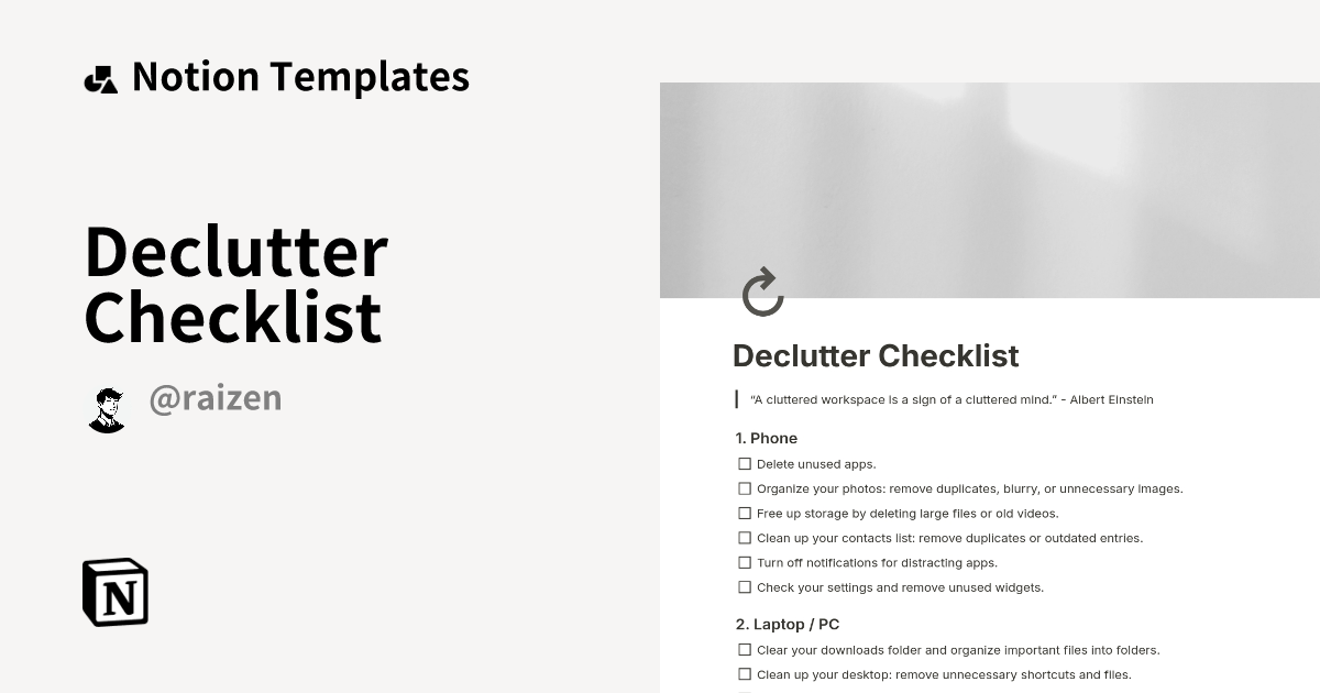 Declutter Checklist Template by Raizen | Notion Marketplace
