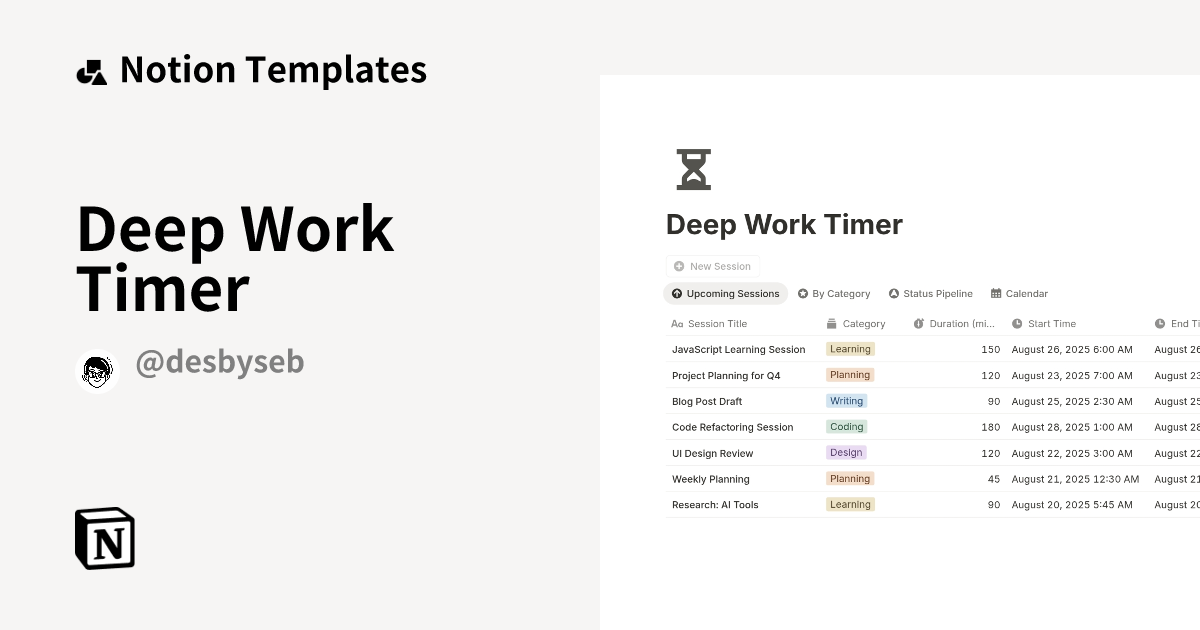 Deep Work Timer Template | Notion Marketplace
