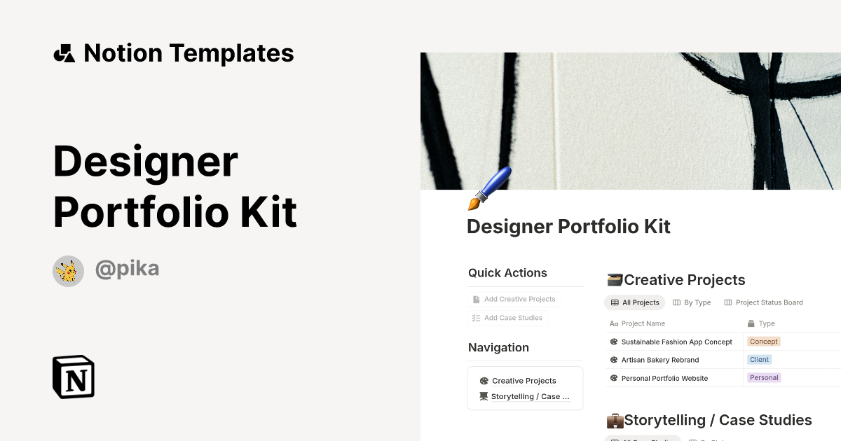 Designer Portfolio Kit Template by Pika | Notion Marketplace