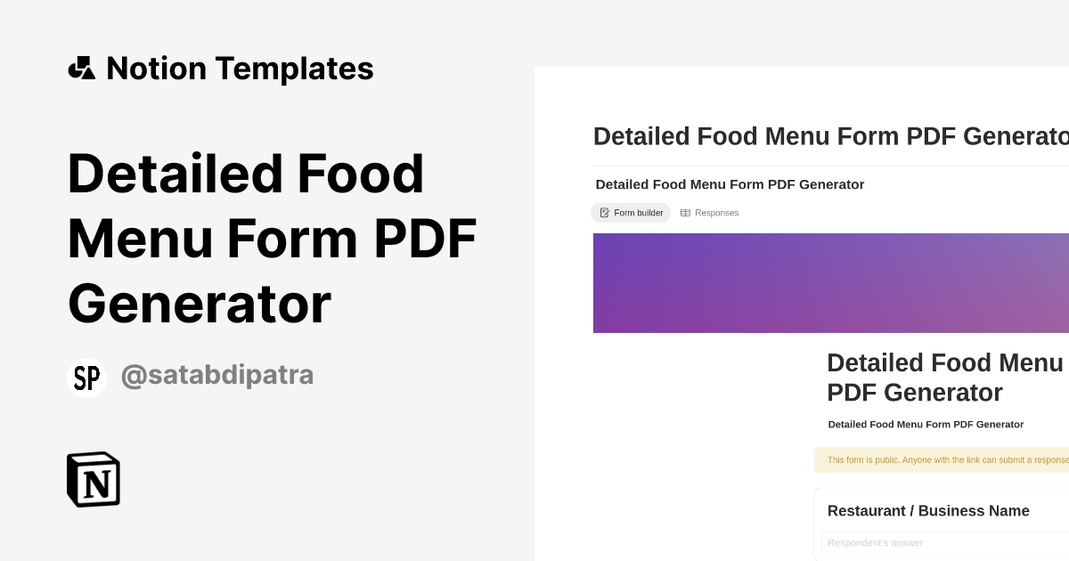 Detailed Food Menu Form PDF Generator Template | Notion Marketplace