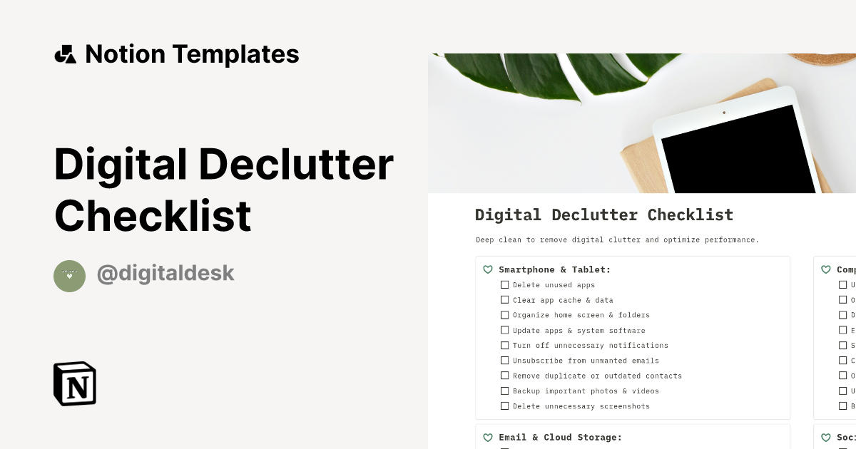 Digital Declutter Checklist Template by Digital Desk | Notion Marketplace