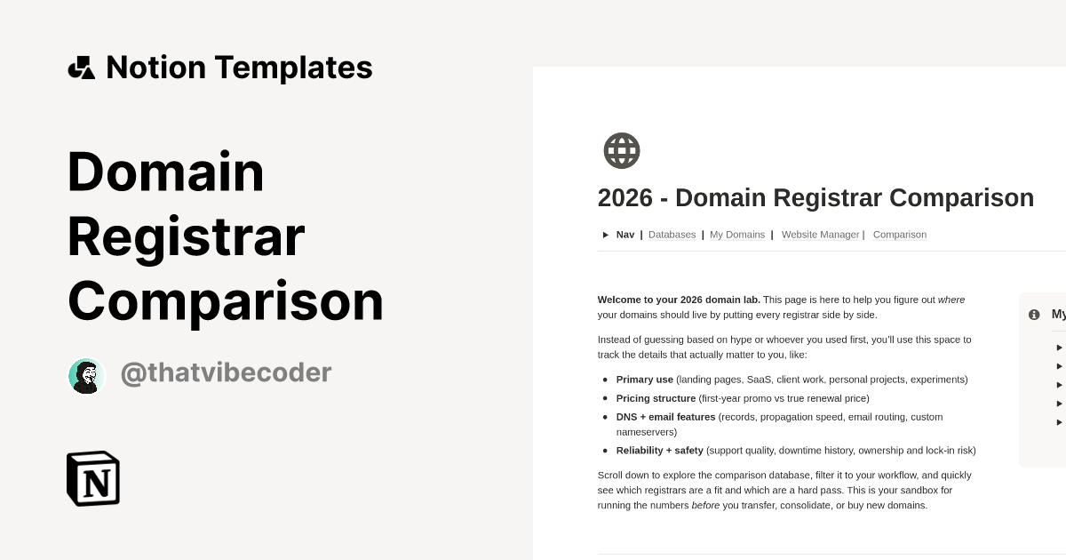 Domain Registrar Comparison Template by That Vibe Coder | Notion ...