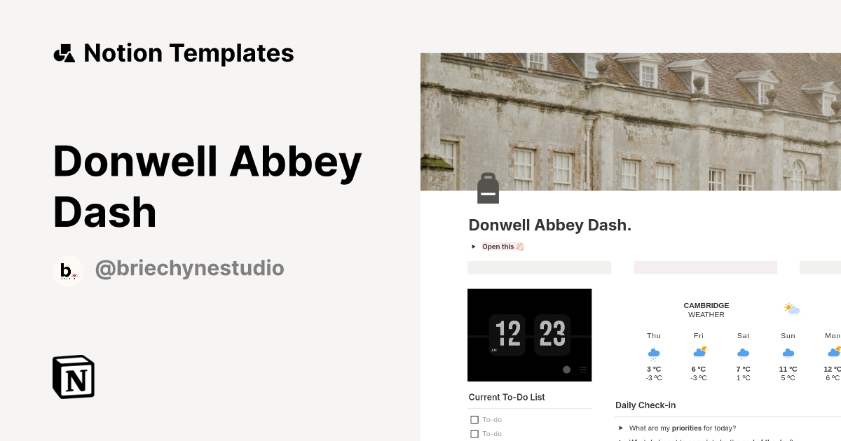 Donwell Abbey Dash Template by BRIECHYNE STUDIO | Notion Marketplace