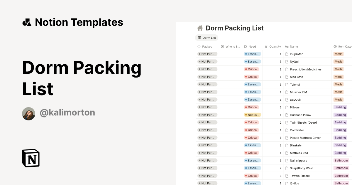 Dorm Packing List Template by Kali M. | Notion Marketplace