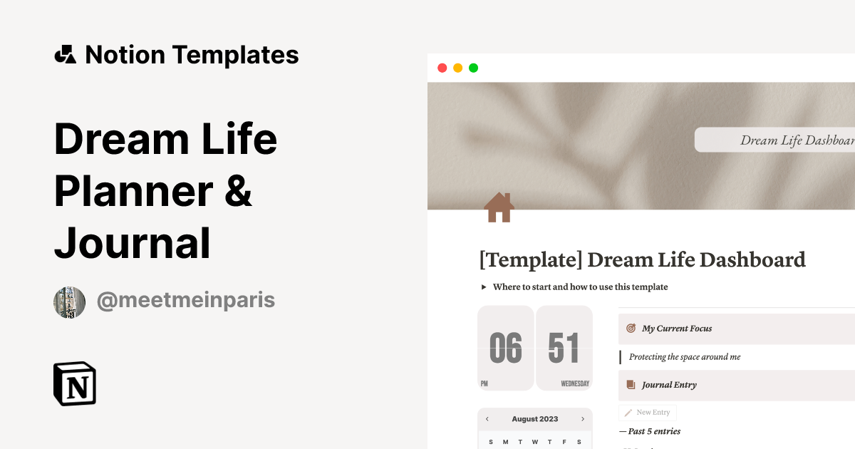 Dream Life Planner & Journal Template by Meet me in Paris | Notion ...