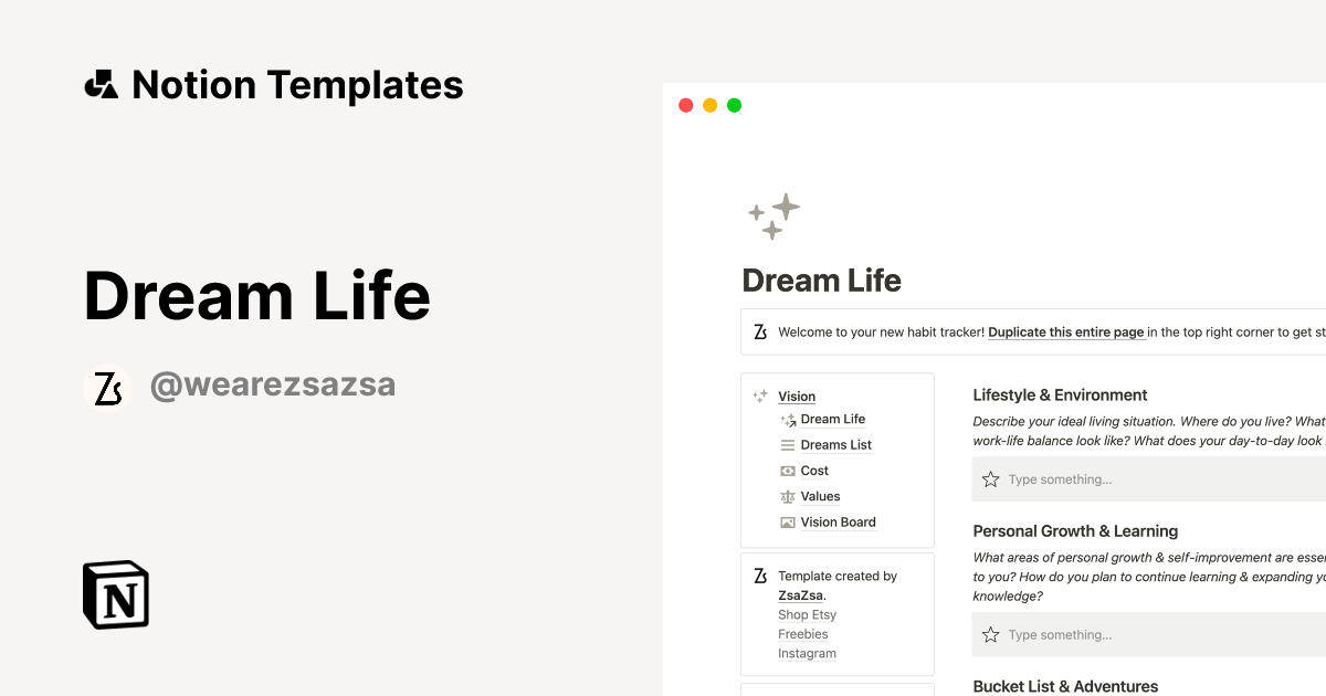 Dream Life Template by ZsaZsa | Notion Marketplace