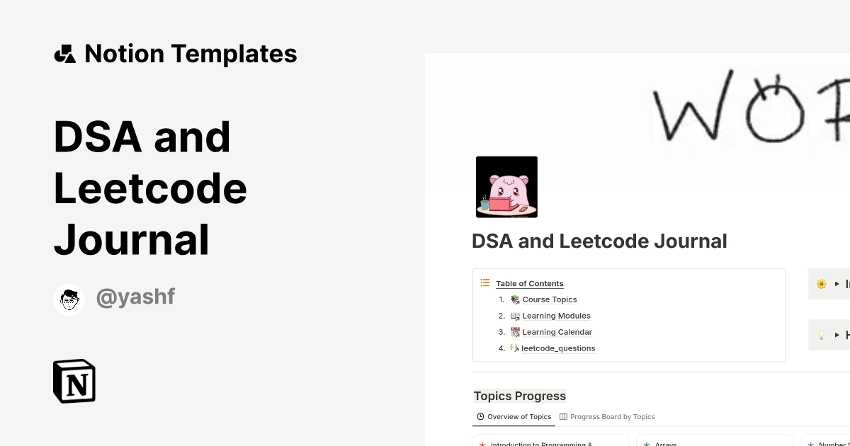 DSA and Leetcode Journal Template by Yash Fataniya | Notion Marketplace