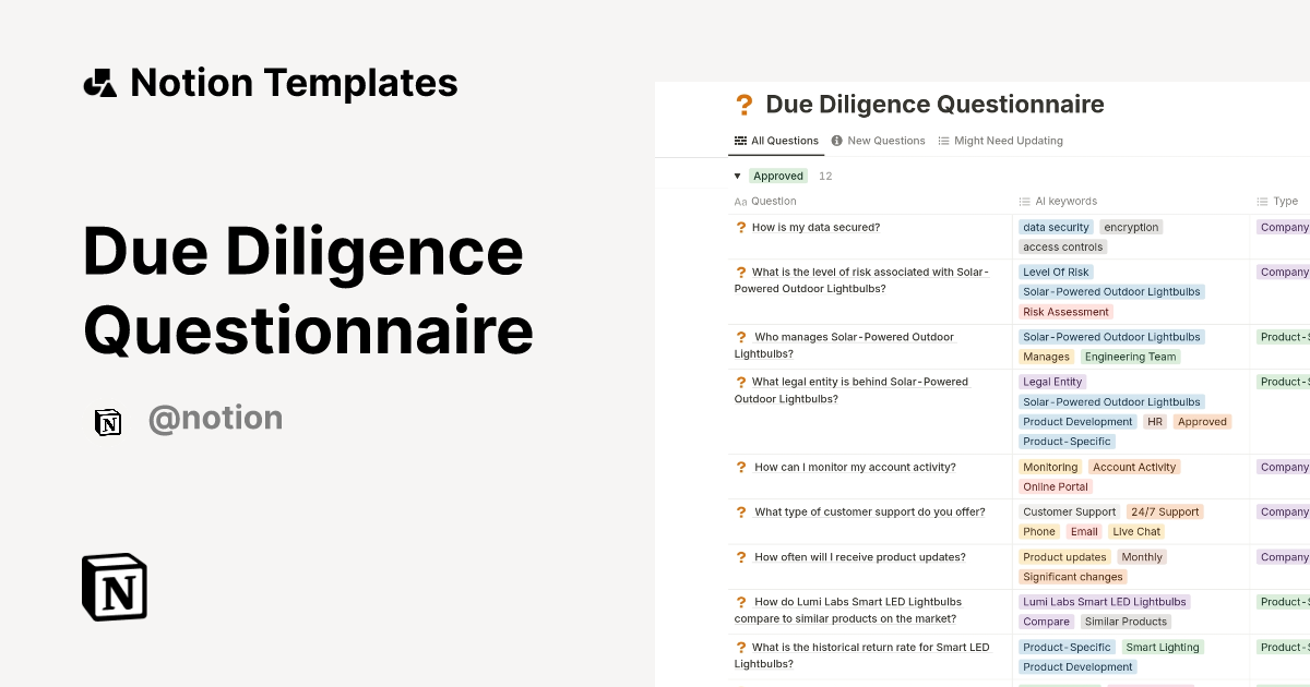 Due Diligence Questionnaire Template by Notion | Notion Marketplace