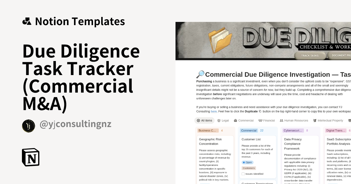 Due Diligence Task Tracker (Commercial M&A) Template by Steff | YJ ...